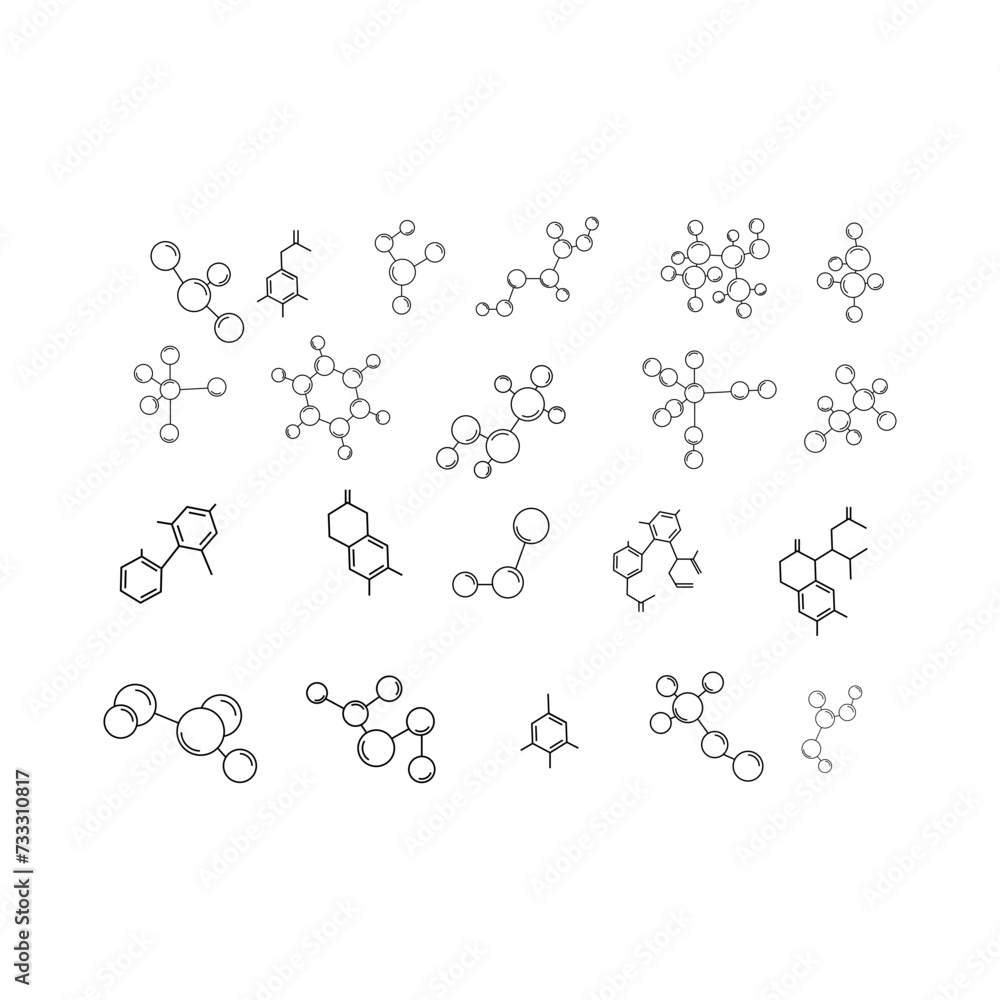 Collection of different molecular model icons isolated on a white ...