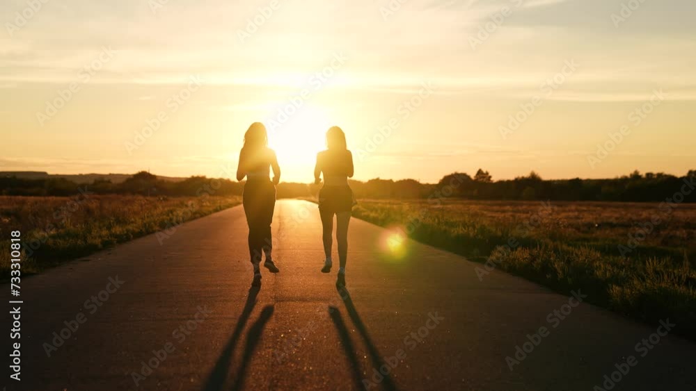 two friends running sunset, team group girls running sunset, silhouette ...