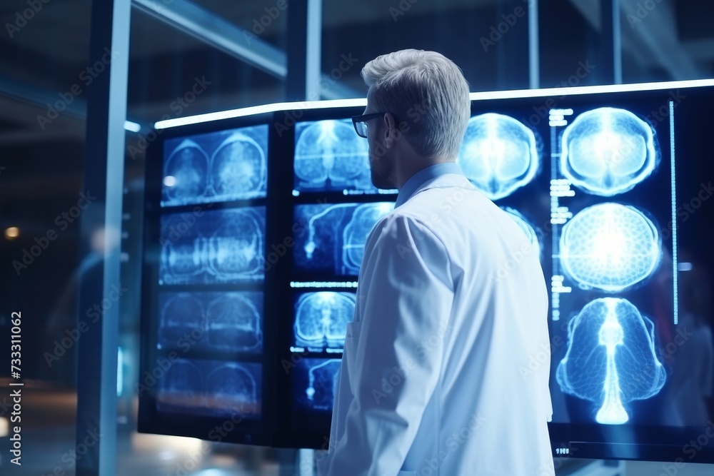 Professional neurologist examining brain test results on monitor in ...