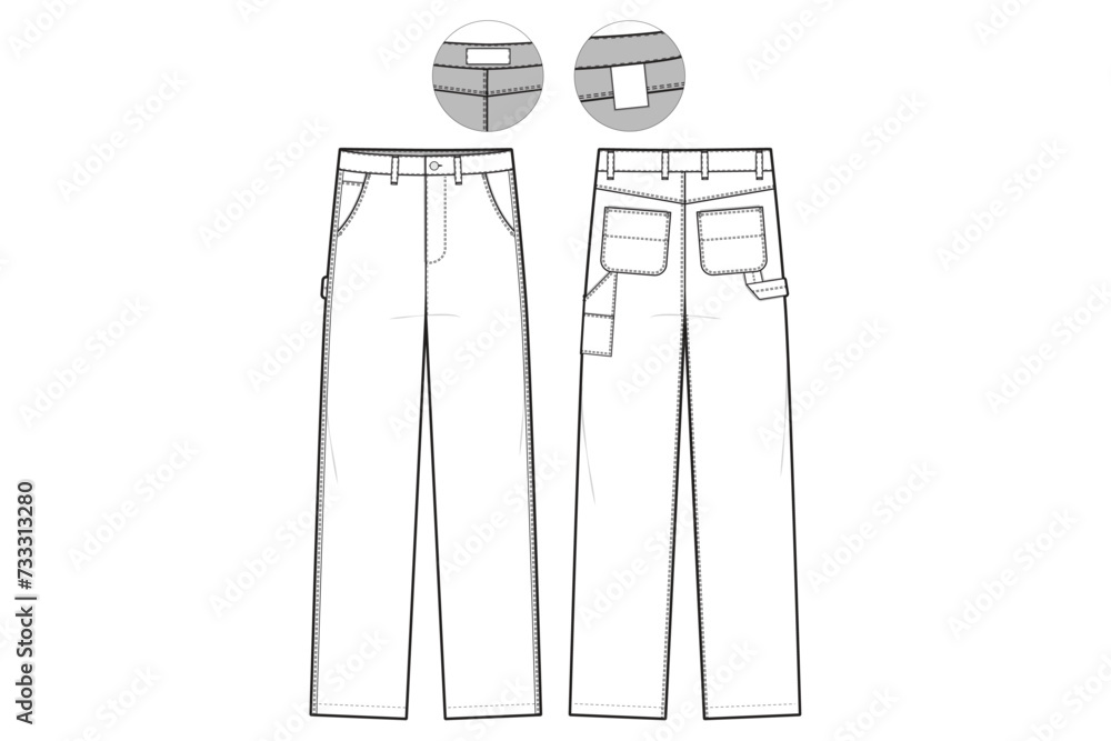 Vetor de Carpenter Pants Straight Leg Flat Technical Drawing ...