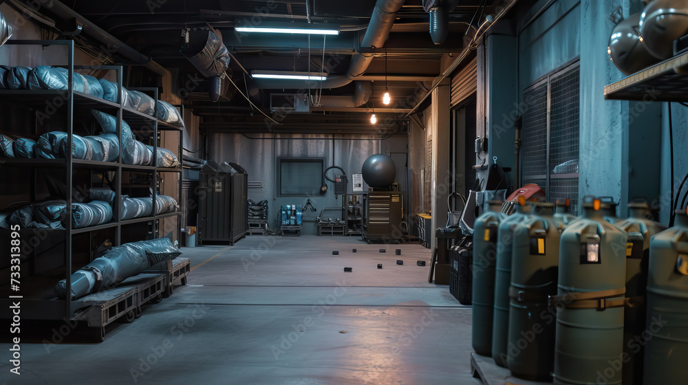 Military base, room and equipment for war, training or defense team on ...