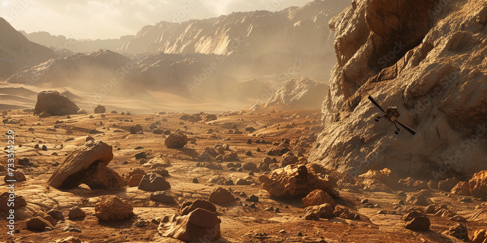 Curiosity rover exploring the rocky, red surface of Mars under a dusty ...