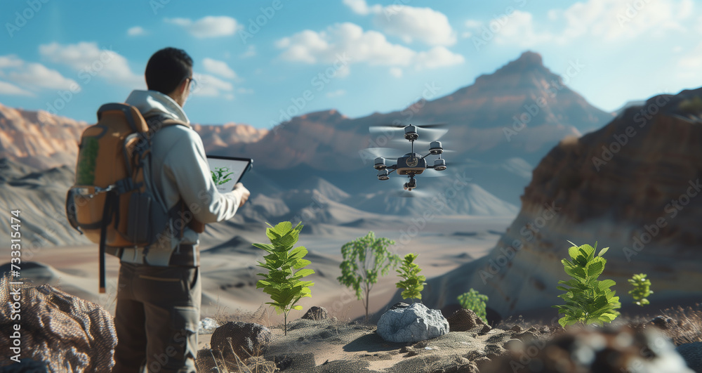 scientist using a tablet to control drones that plant seeds in a desert ...