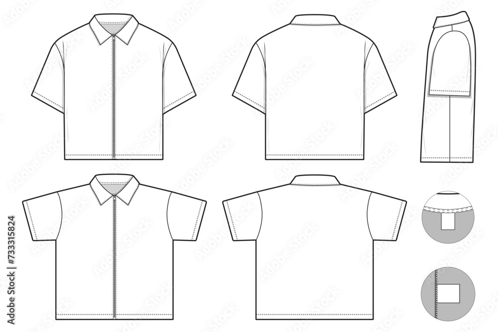 Vetor de Full zip polo Short Sleeve Collared Flat Technical Drawing Illustration Blank Mock-up ...