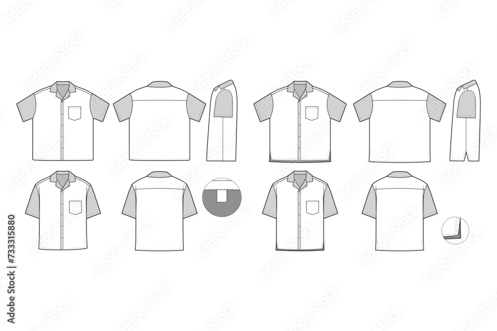 Bowling Button Shirt Short Sleeve Flat Technical Drawing Illustration Blank Mock-up Template for ...