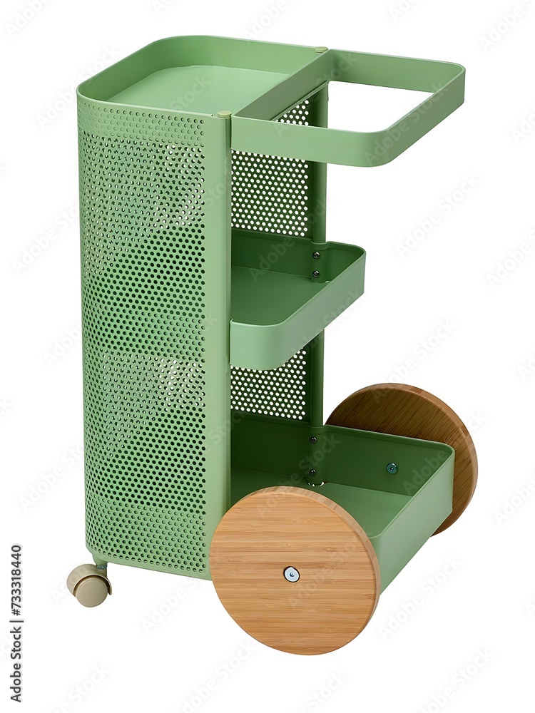 Light green steel trolley with handle on 2 bamboo wheels 2 acrylic ...