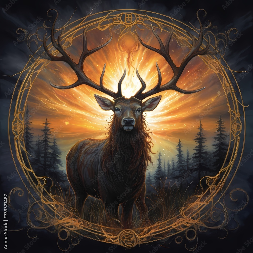 Majestic Stag in Mystical Forest with Fiery Antlers and Celtic ...