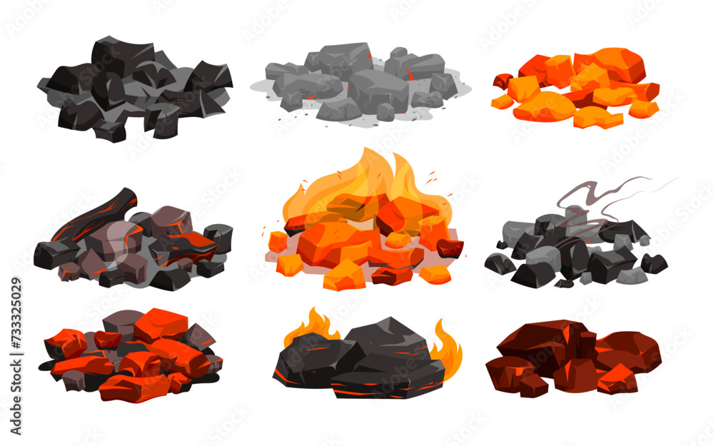Charcoal black embers pile and hot rocks burn in fireplace with red ...