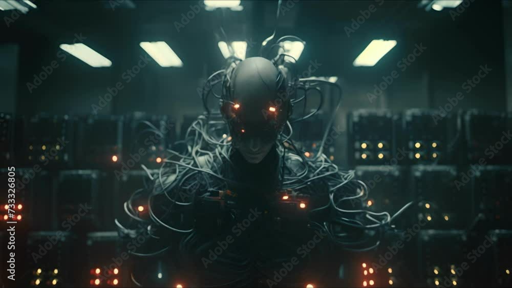 Evil android portrait. Crazy villain on a scary futuristic background ...