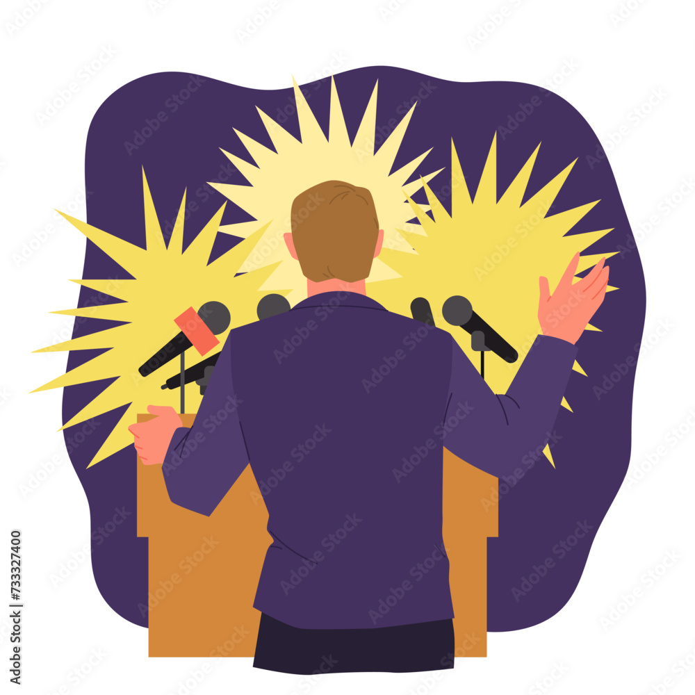 Public interview of politician or male leader in front of mass media ...