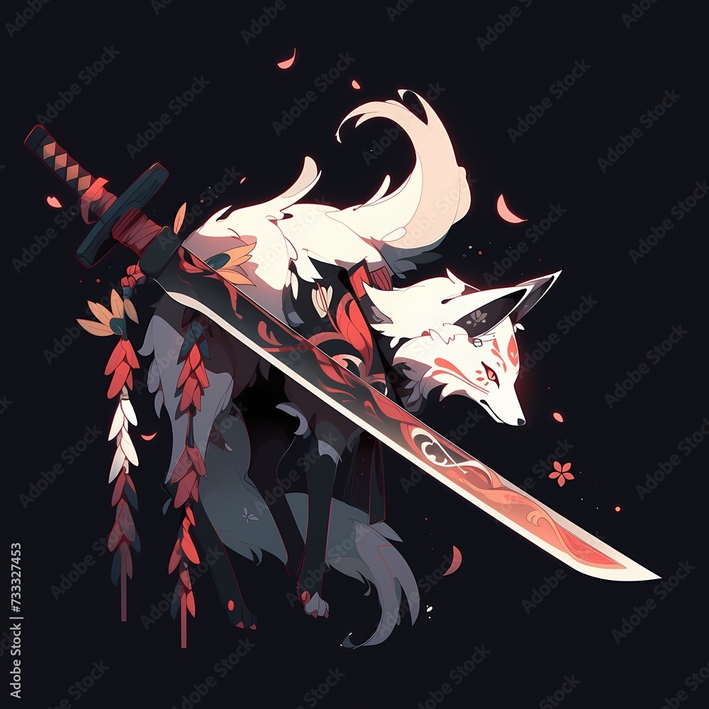 Stylized Illustration of a Majestic White Fox with an Ancient Sword ...