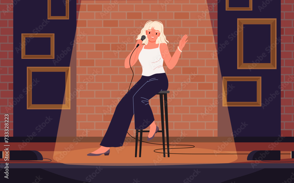 Comedy speech presentation of female talent comedian on stage. Girl ...