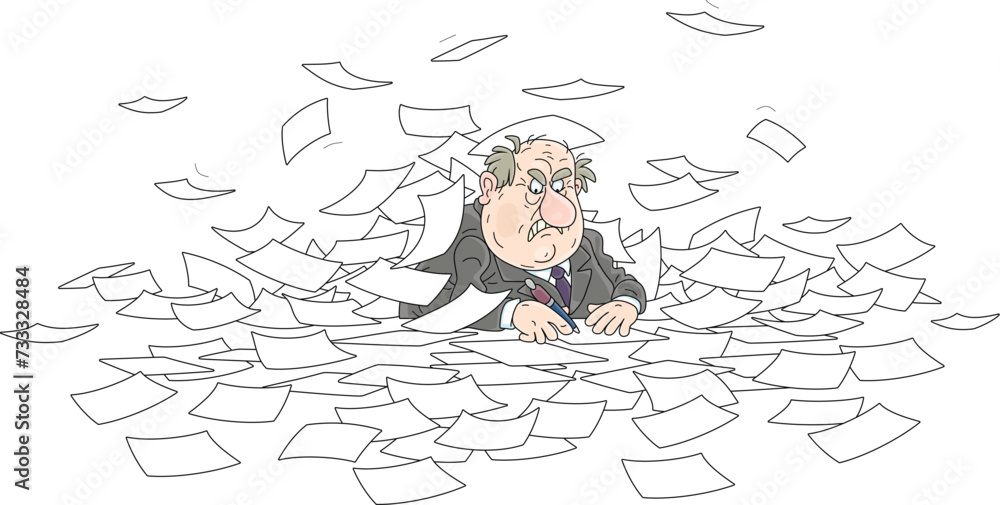 Angry fat bureaucrat industriously completing his documents in a big ...