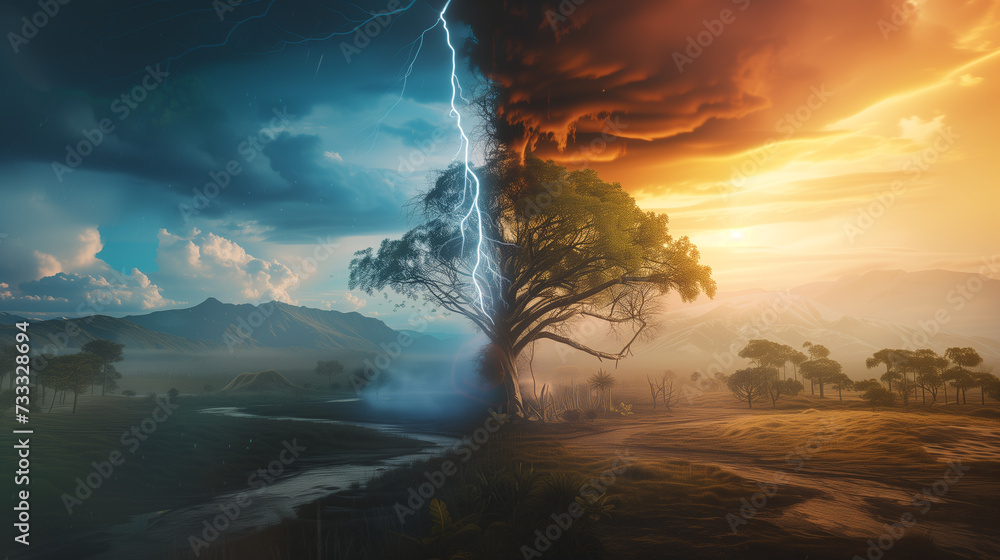 Dramatic Split Reality of Lightning Strike Dividing Sunny Field and ...