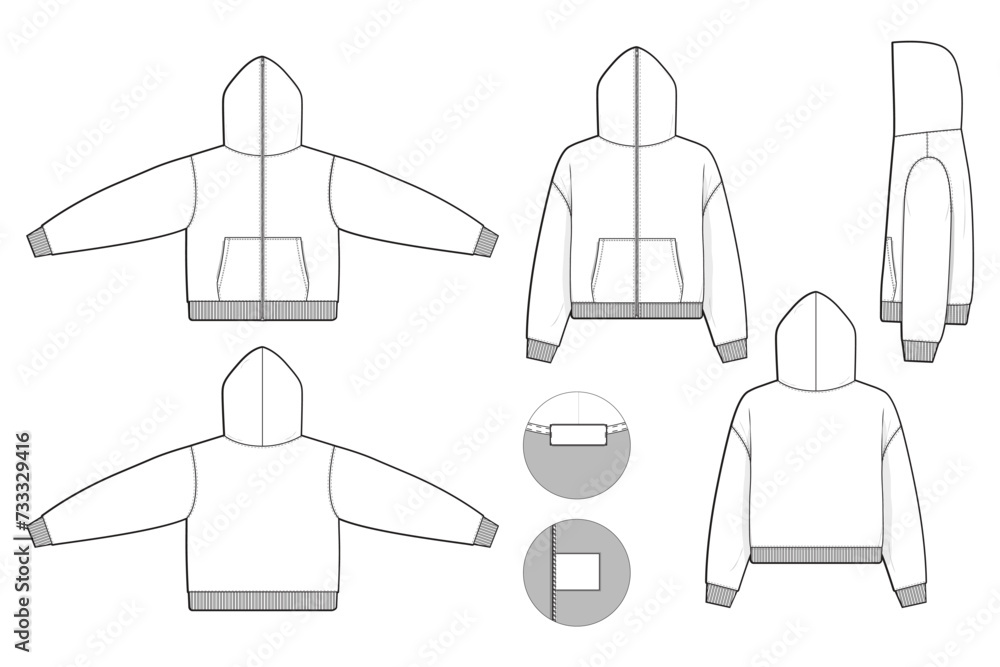 Full Zip Hoodie Sweatshirt Flat Technical Drawing Illustration Mock Up Template For Design And