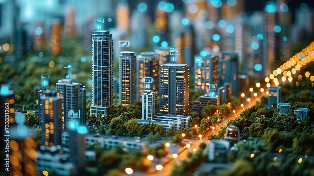 A miniature scale model of a city with highlighted digital integrations ...