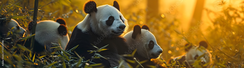 Panda bear family at the rain forest with setting sun shining. Group of ...
