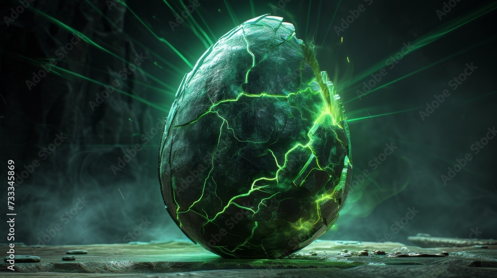 Cracked glowing egg with green energy lines on dark stone background ...