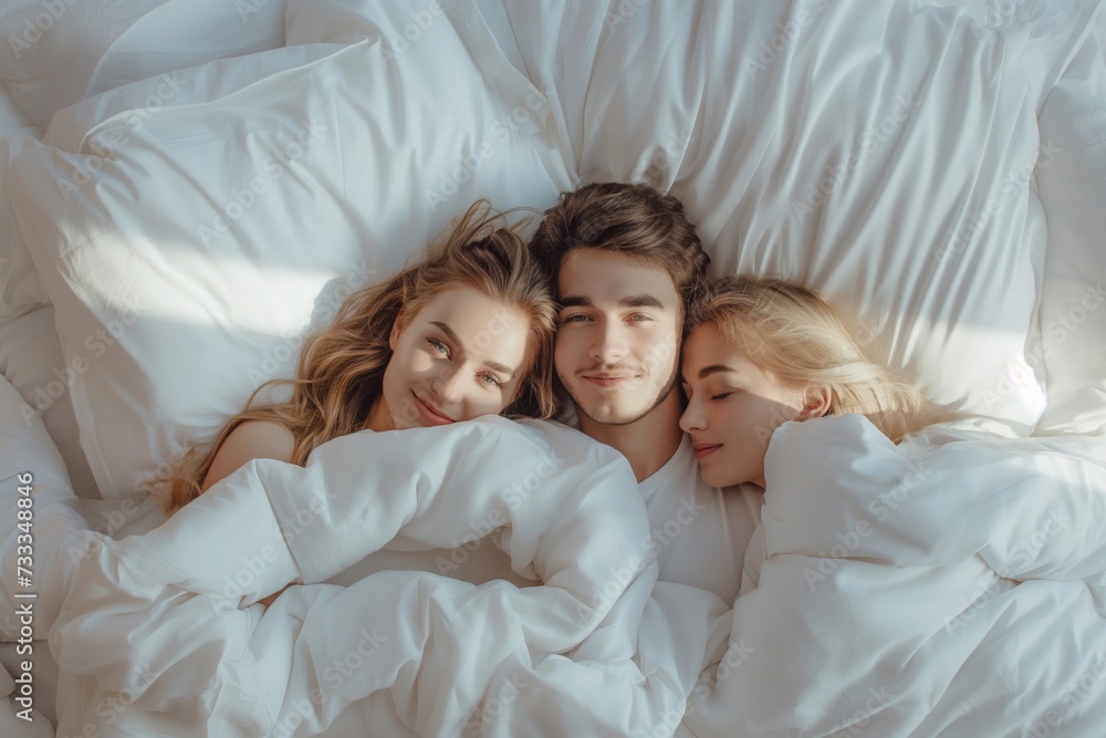 Serene Trio polyamorous couple Enjoying a Cozy Morning in Bed top view ...