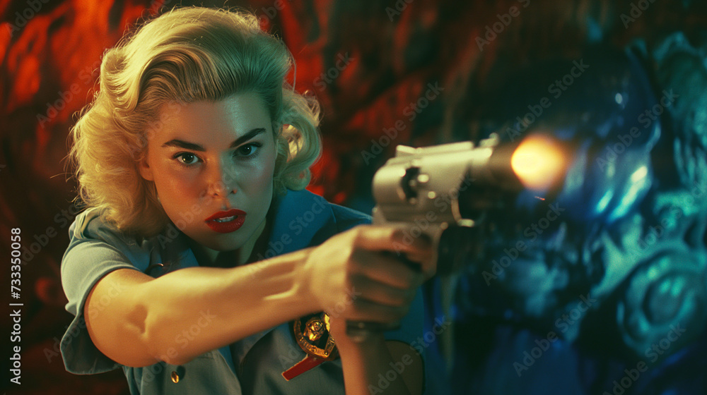 1960s-inspired science fiction, a futuristic blonde female police ...