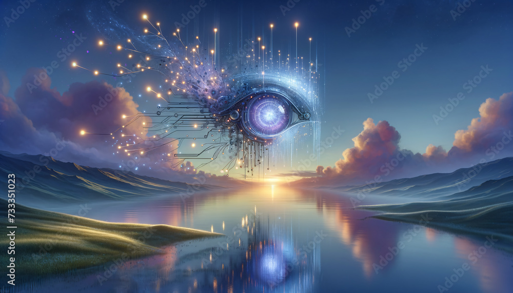 Serene digital disintegration of bionic implant in harmonious landscape ...