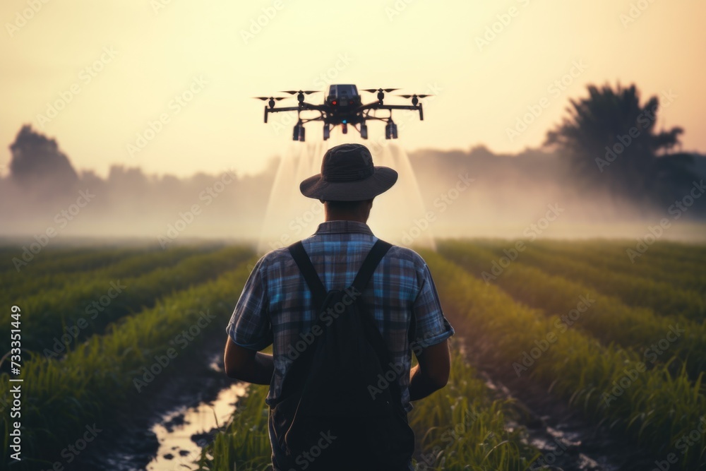 Farmer using drone to irrigate corn field from pests. Fusion of technology and traditional ...