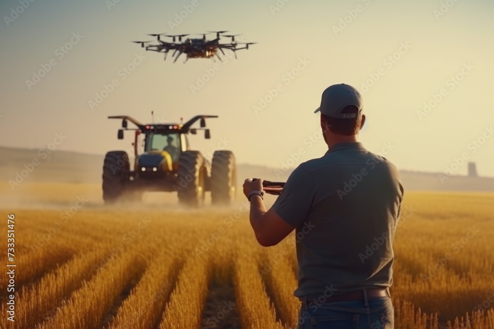 Farmer using drone to irrigate corn field from pests. Fusion of technology and traditional ...