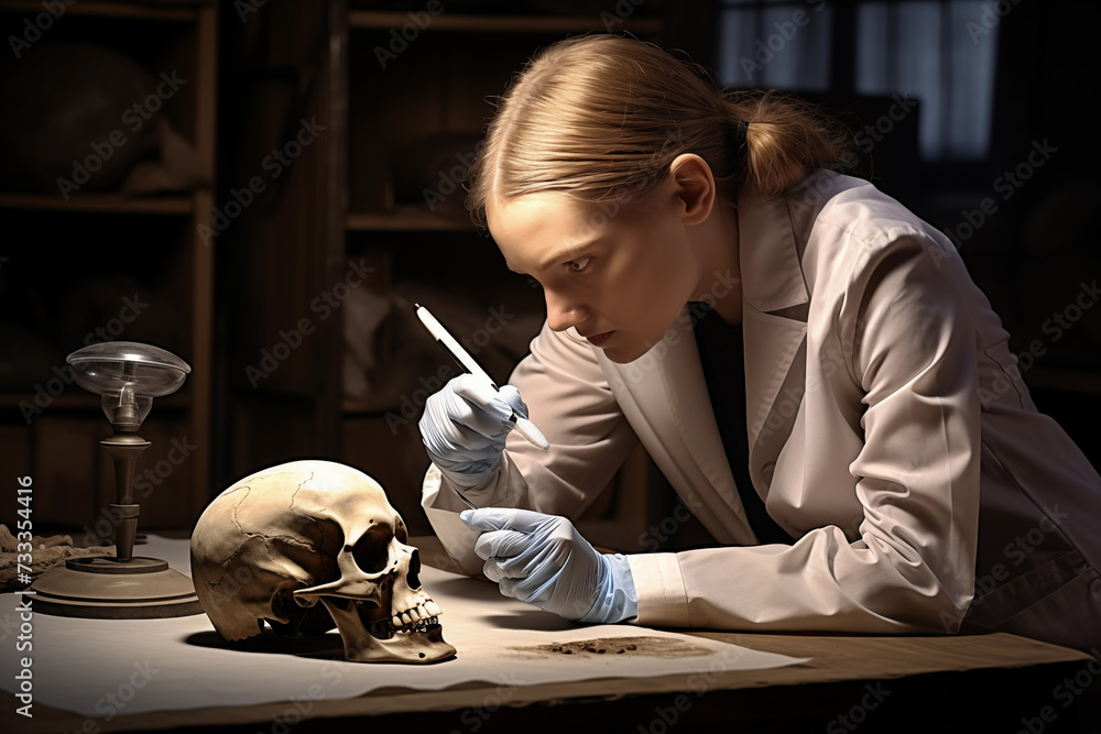 Forensic scientist examining a skeleton as part of a criminal ...