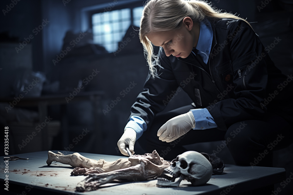 Forensic scientist examining a skeleton as part of a criminal ...