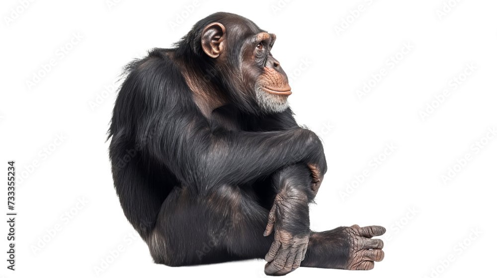 sitting chimpanzee cutout isolated on white, side view on transparent ...
