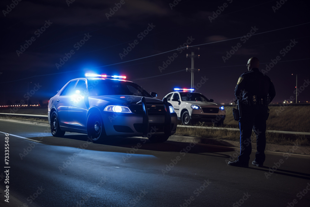 Police car stationed at a highway checkpoint, with officers conducting ...