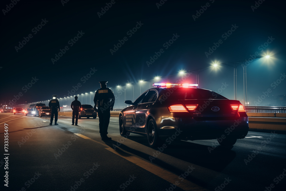 Police car stationed at a highway checkpoint, with officers conducting ...