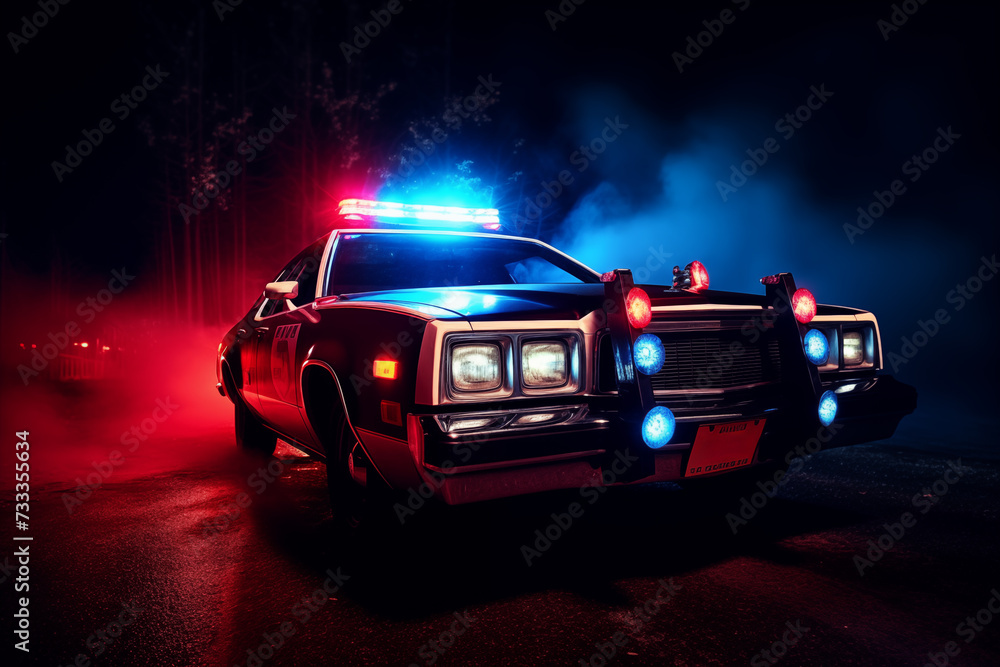 Retro police car with red and blue emergency lights flashing ...