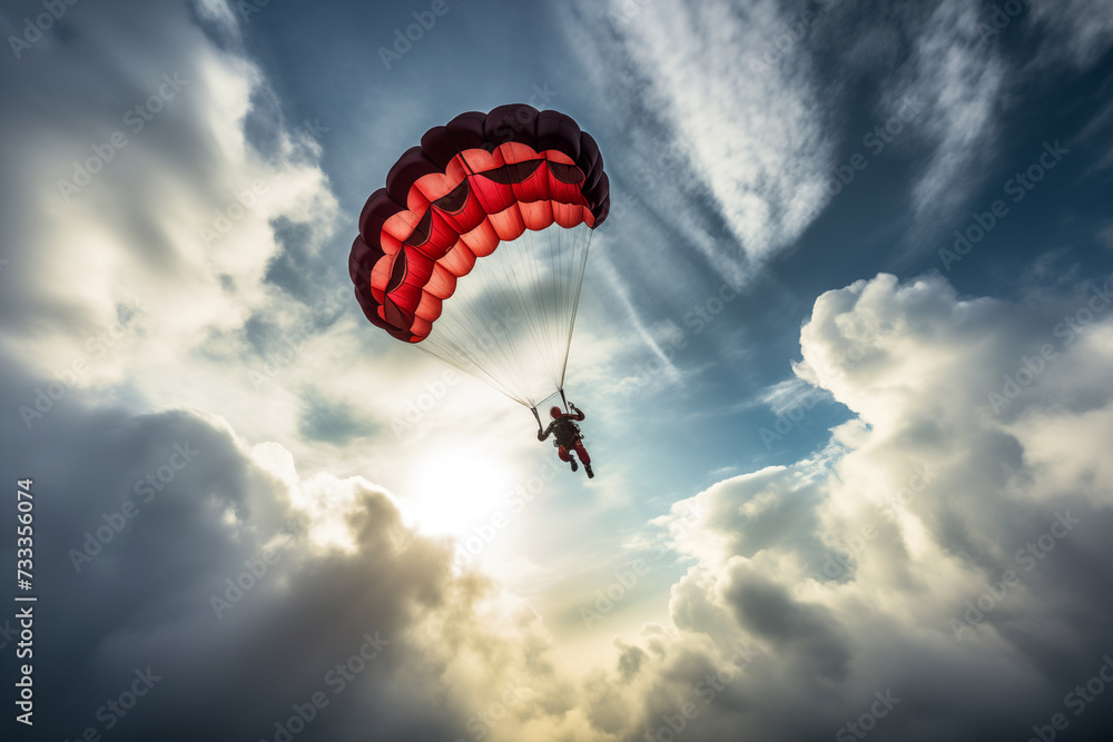 Extreme skydiver gracefully descending with an open parachute, against ...