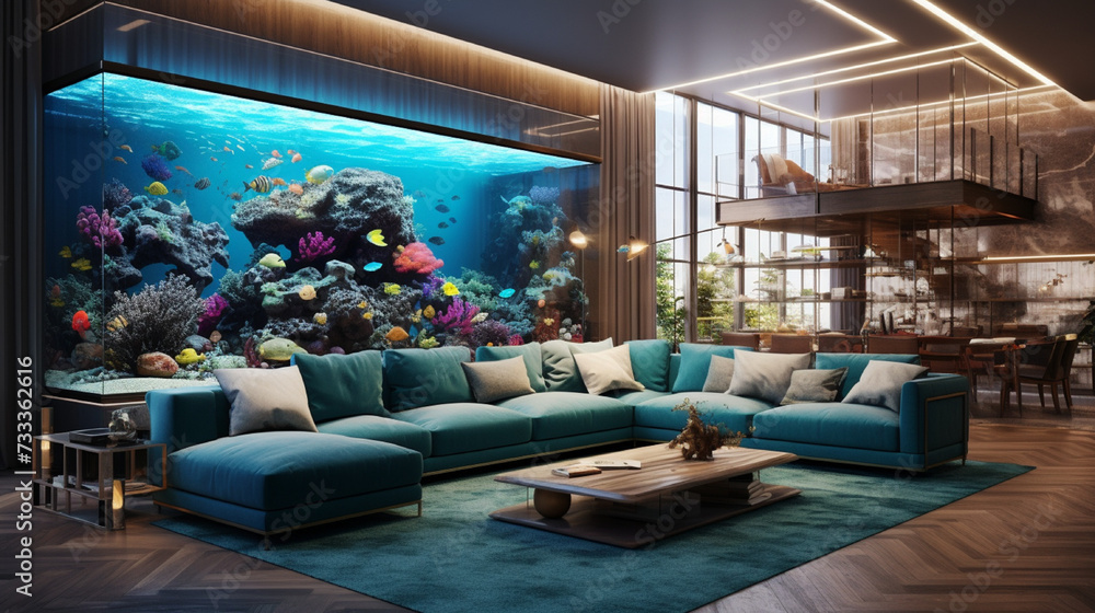 Big aquarium in luxury living room. Modern interior with sea water tank ...