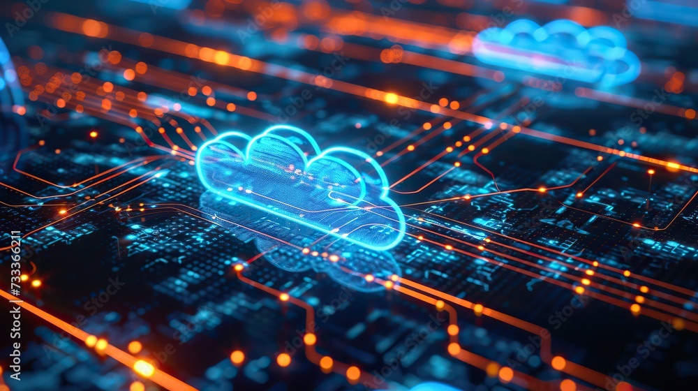 This image visually represents cloud computing technology with glowing ...