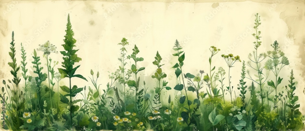 Sketch of a wild herb field, with detailed illustrations of medicinal ...