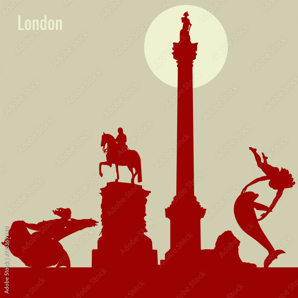 London silhouette. Trafalgar Square. Fountains and monuments. Stock ...