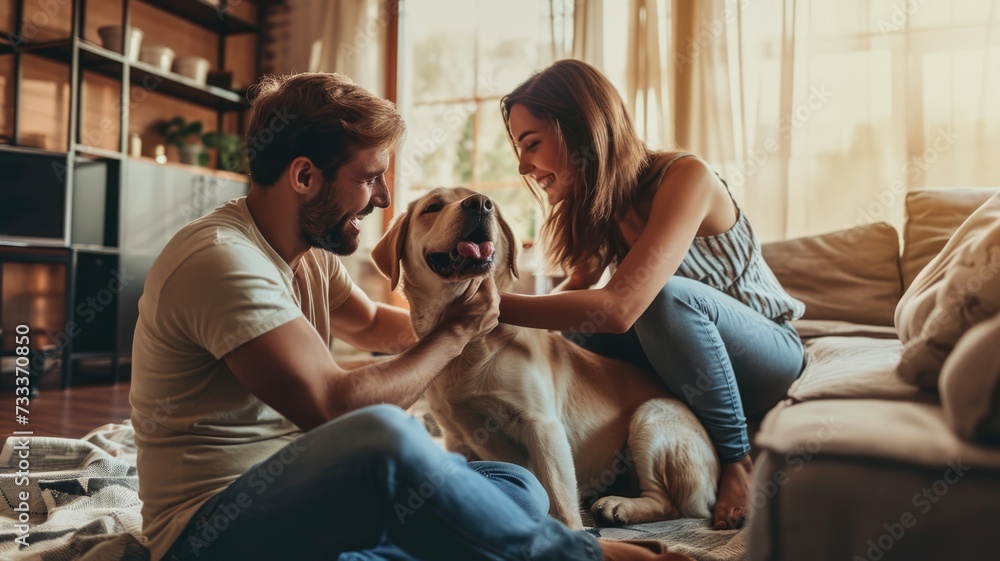 happy people at home with favorite pet , love and friendship of human ...