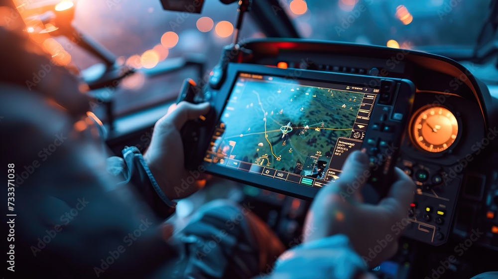 Inside a helicopter cockpit, a pilot is navigating using a GPS on a ...