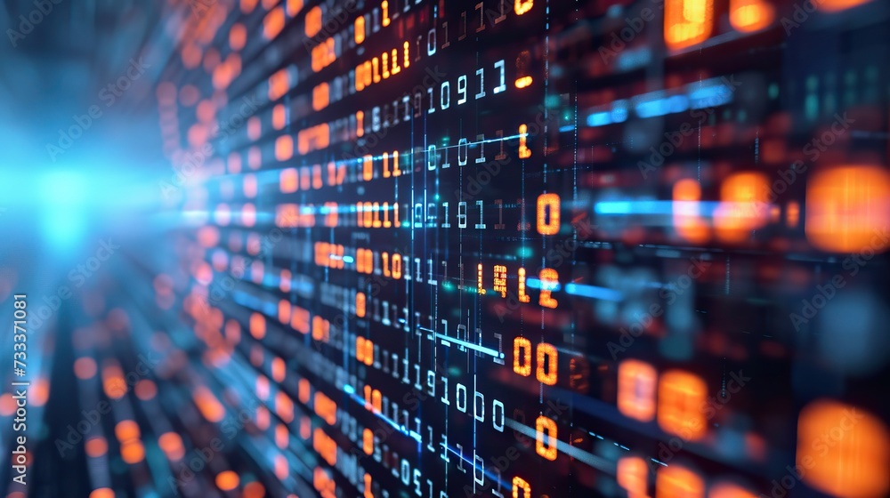 Vivid depiction of digital binary data streaming on a dynamic blue background symbolizing ...