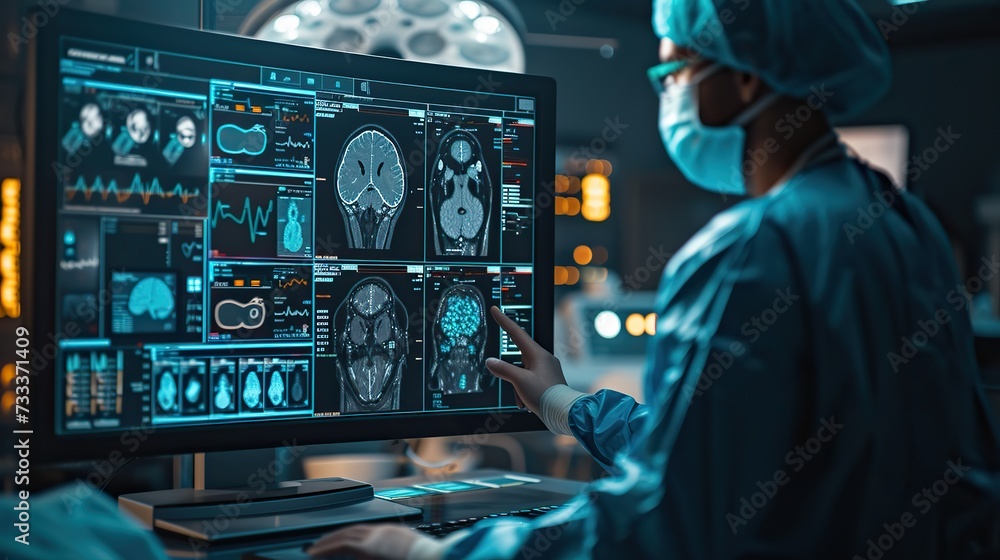 A surgeon in scrubs analyzes multiple MRI brain scans displayed on a ...