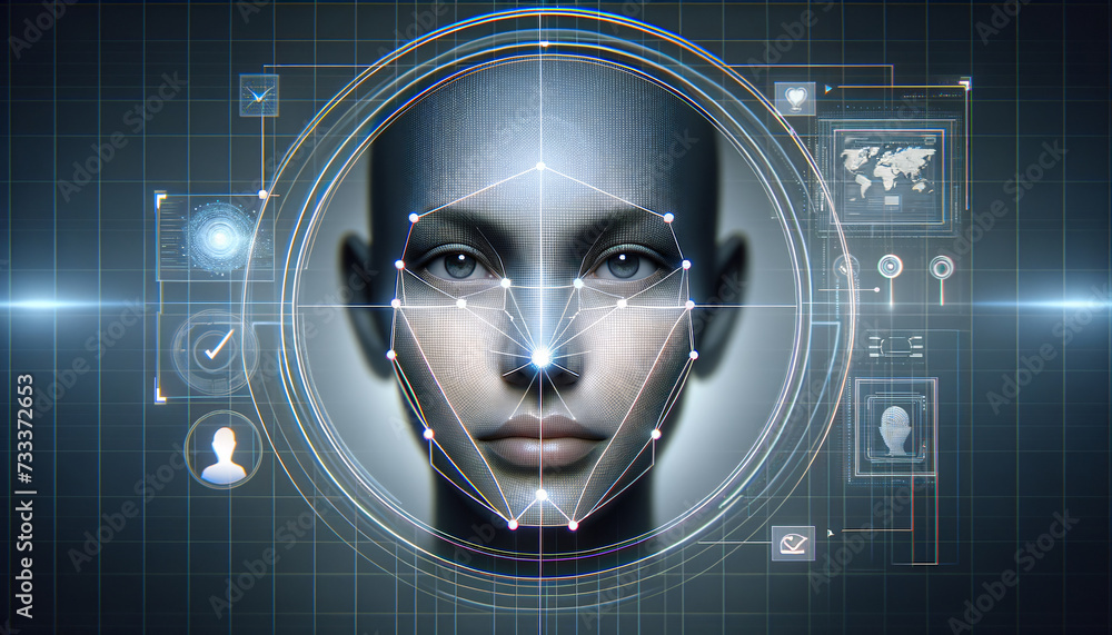 Minimalist facial recognition technology interface with blue and white ...