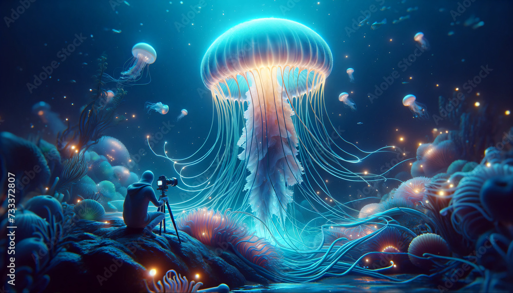 background.Enchanting jellyfish portrait, glowing tentacles in a ...