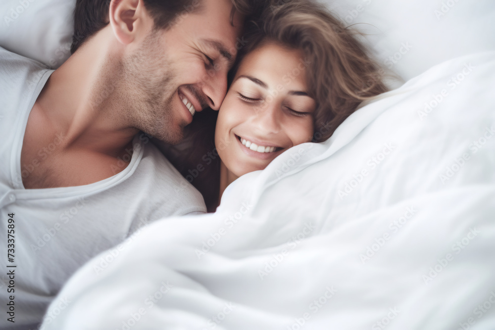 Happy couple, hug in bed and love with cuddle and romance at home for ...