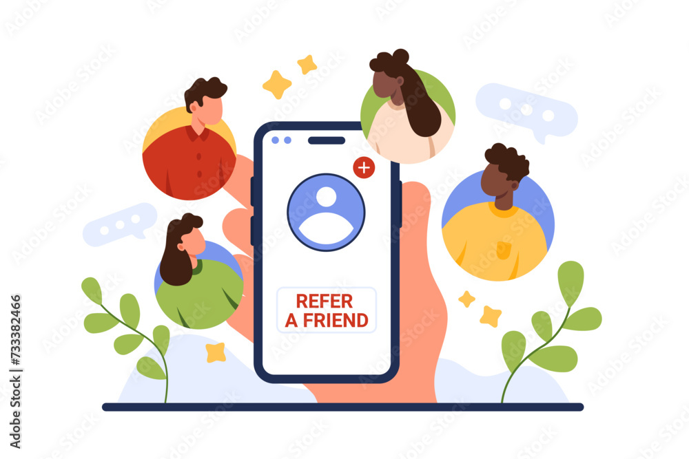 Referral loyalty program invite friend. Hand holding phone with Refer ...