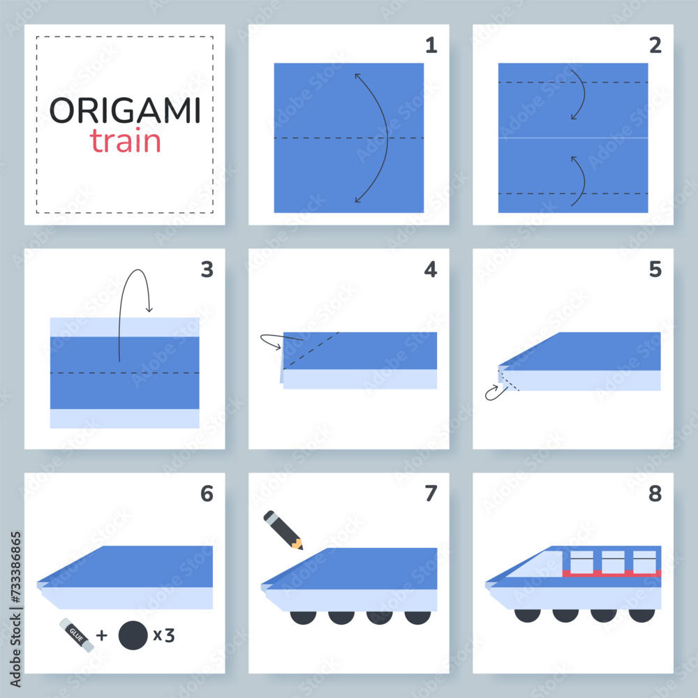 Vetor de Train origami scheme tutorial moving model. Origami for kids ...
