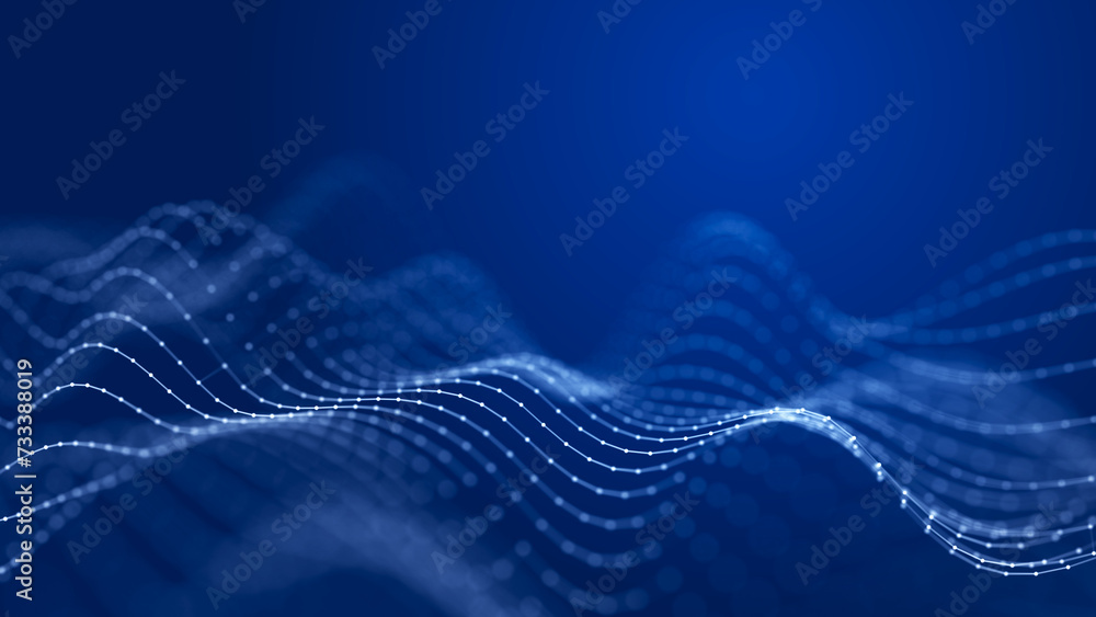 Abstract background grid of interlacing lines and dots. Futuristic blue particle wave. Structure ...