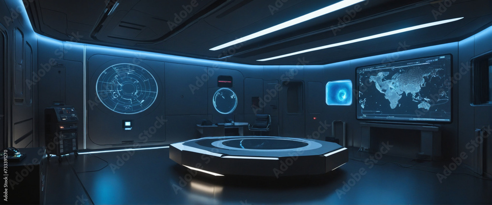Sci-fi style room. Elemental simulation room. Galaxy navigation room ...