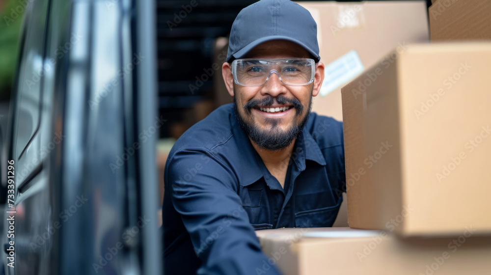 smiling delivery man in a blue uniform and safety goggles is handling ...